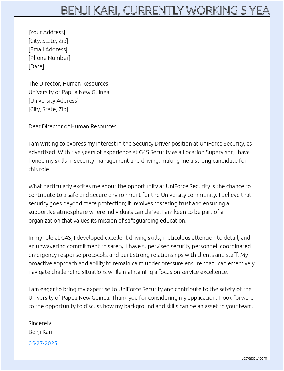 Cover letter for security driver - LazyApply