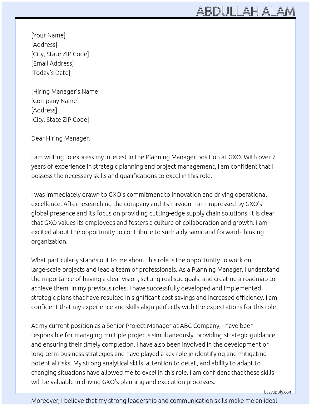 Cover letter for planning manager - LazyApply