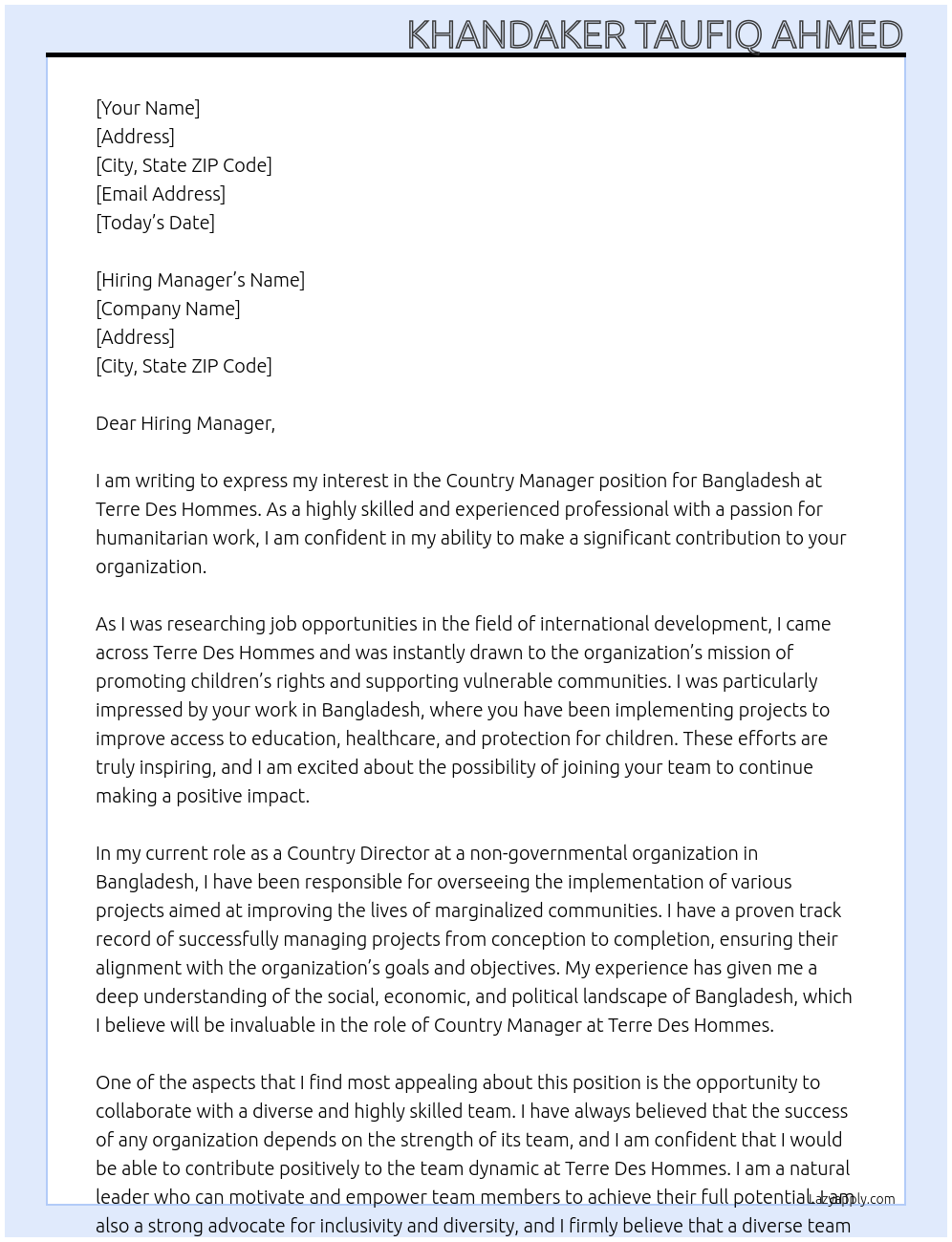 Cover letter for country manager bangladesh - LazyApply