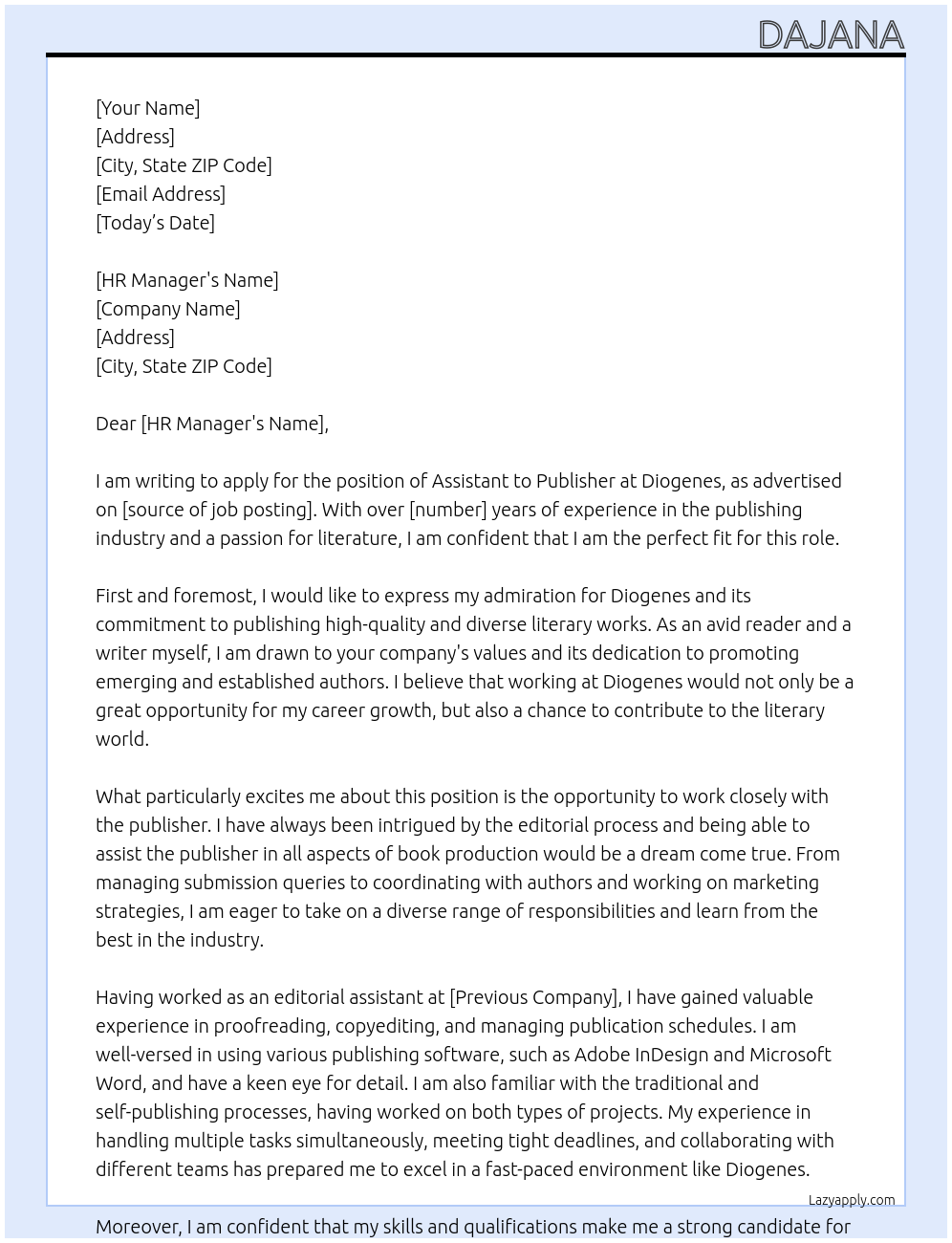 Cover letter for assistent to publisher - LazyApply