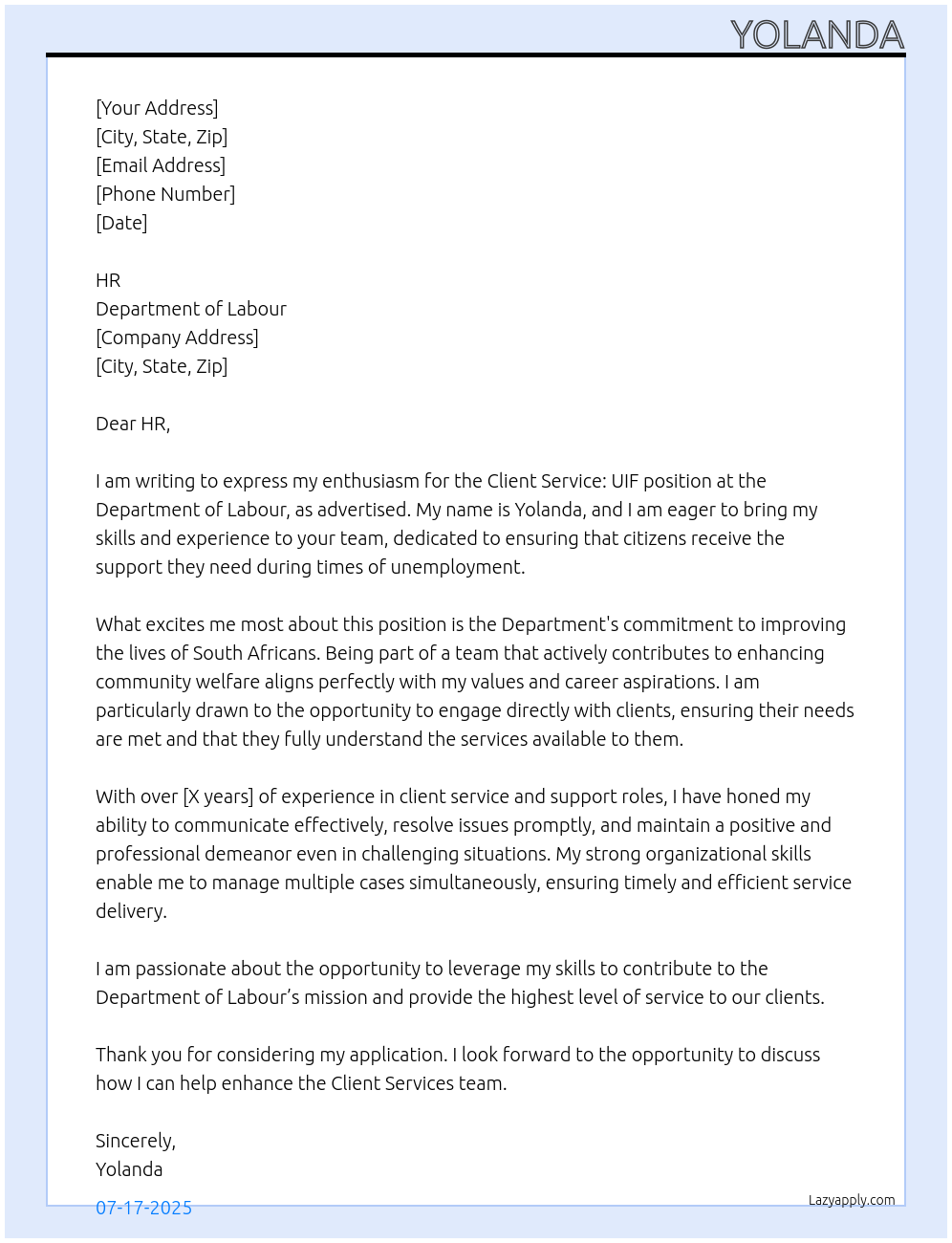 Cover letter for client service: uif - LazyApply