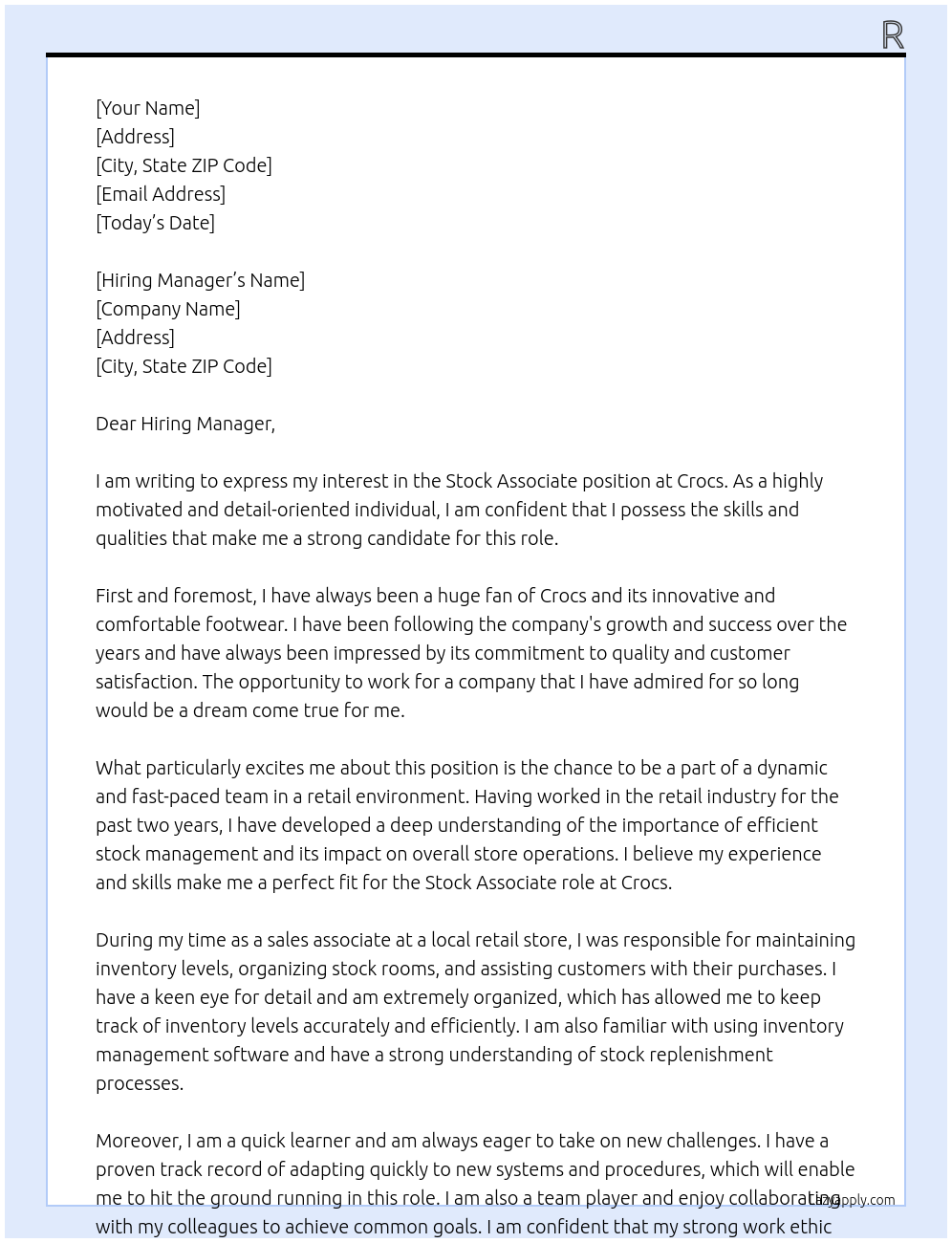 Cover letter for stock associate - LazyApply