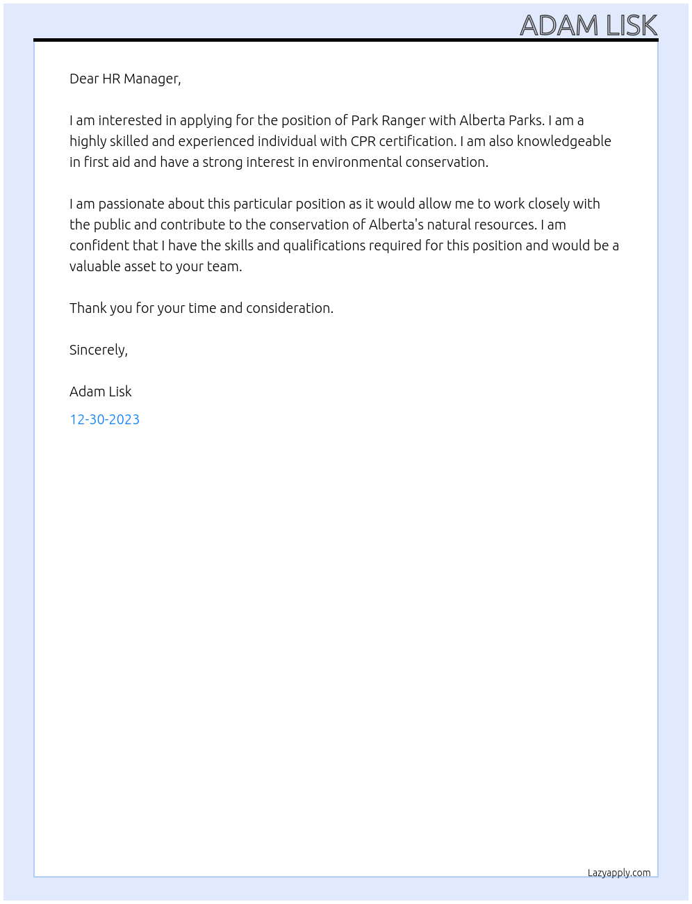 Cover letter for park ranger - LazyApply