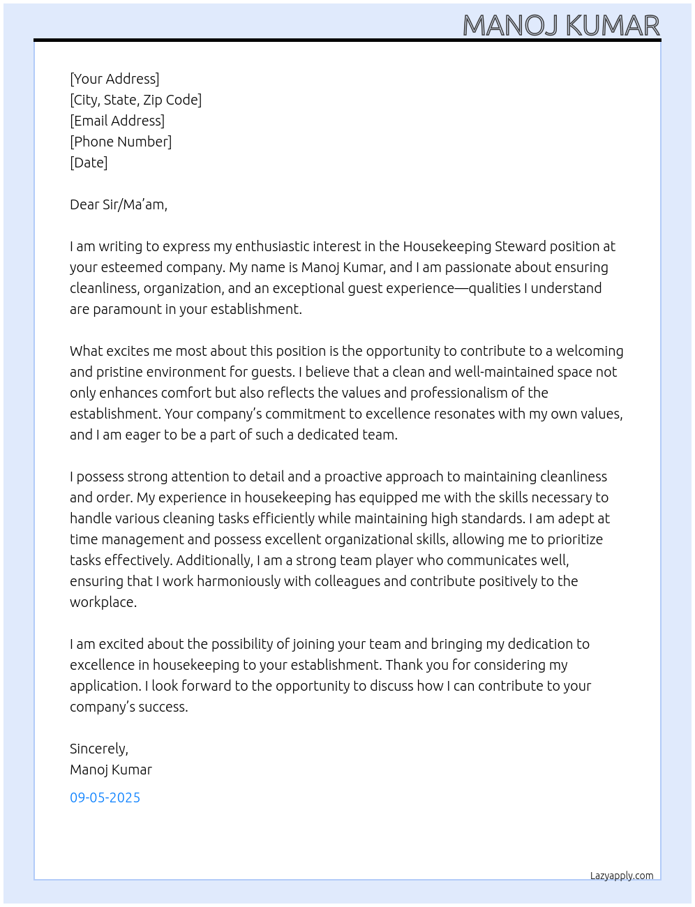 Cover letter for house keeping steward - LazyApply