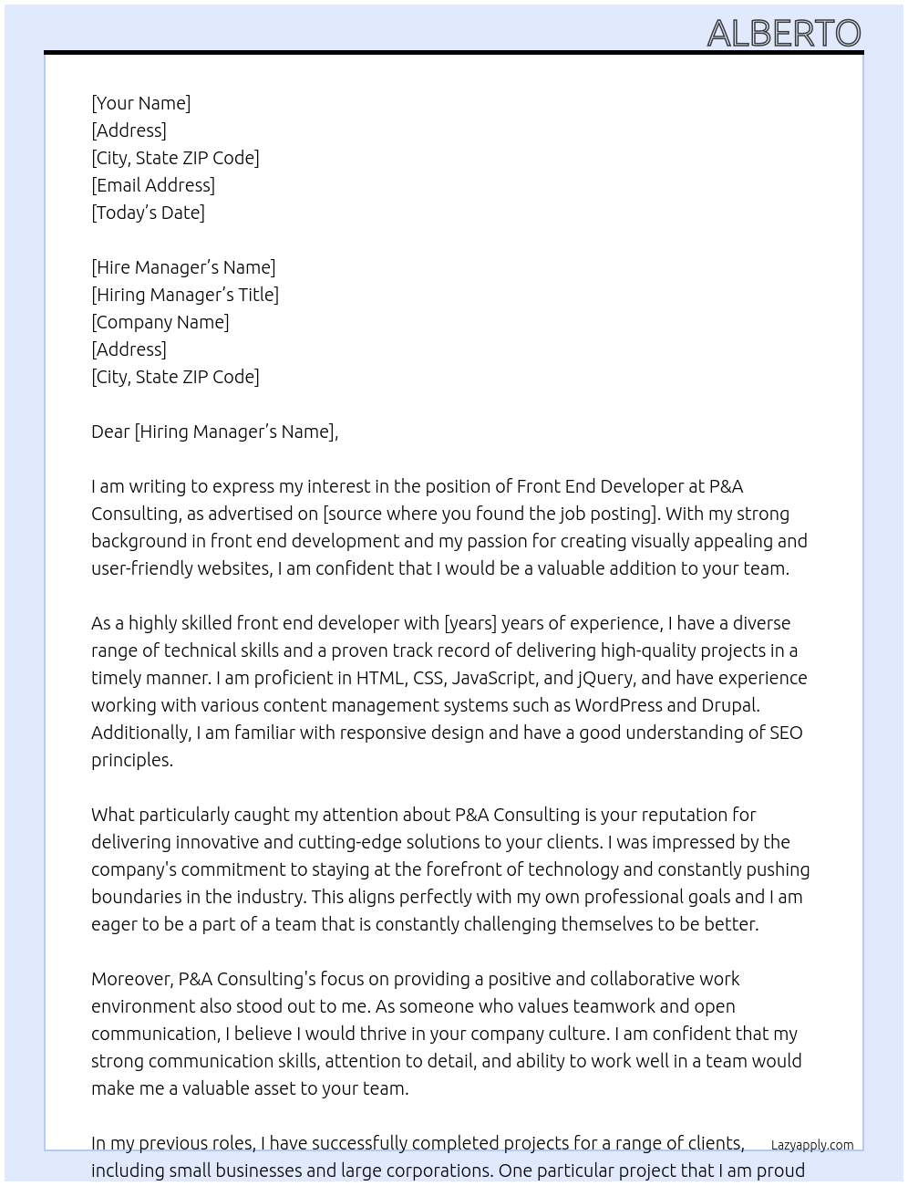 Cover letter for front end developer - LazyApply