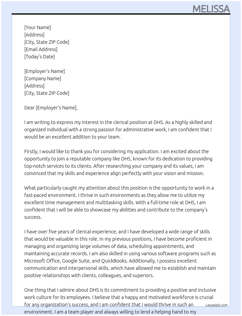 Cover letter for clerical - LazyApply