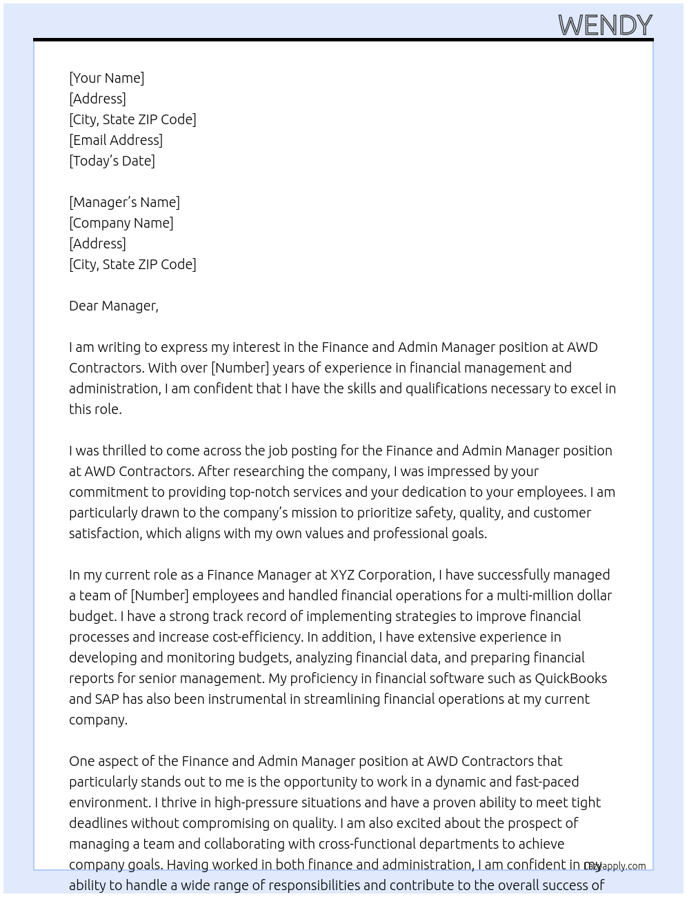 Cover letter for finance and admin manager - LazyApply