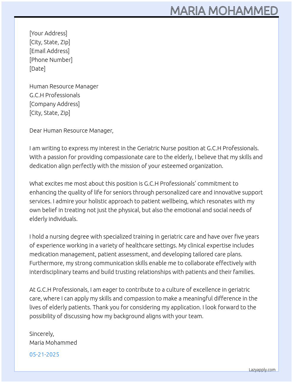 Cover letter for geriatric nurse - LazyApply
