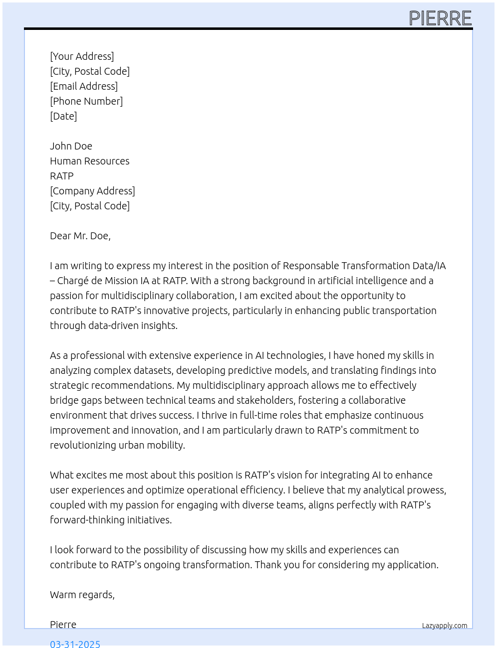 Cover letter for responsable transformation data/ia – chargé de mission ...