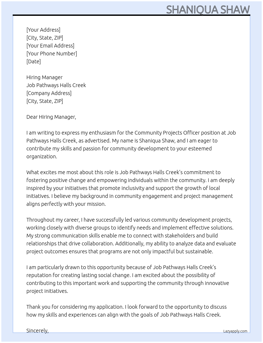 Cover letter for community projects officer - LazyApply