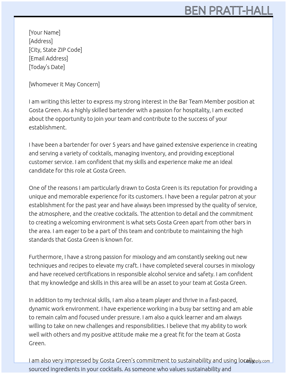 Cover letter for bar team member - LazyApply