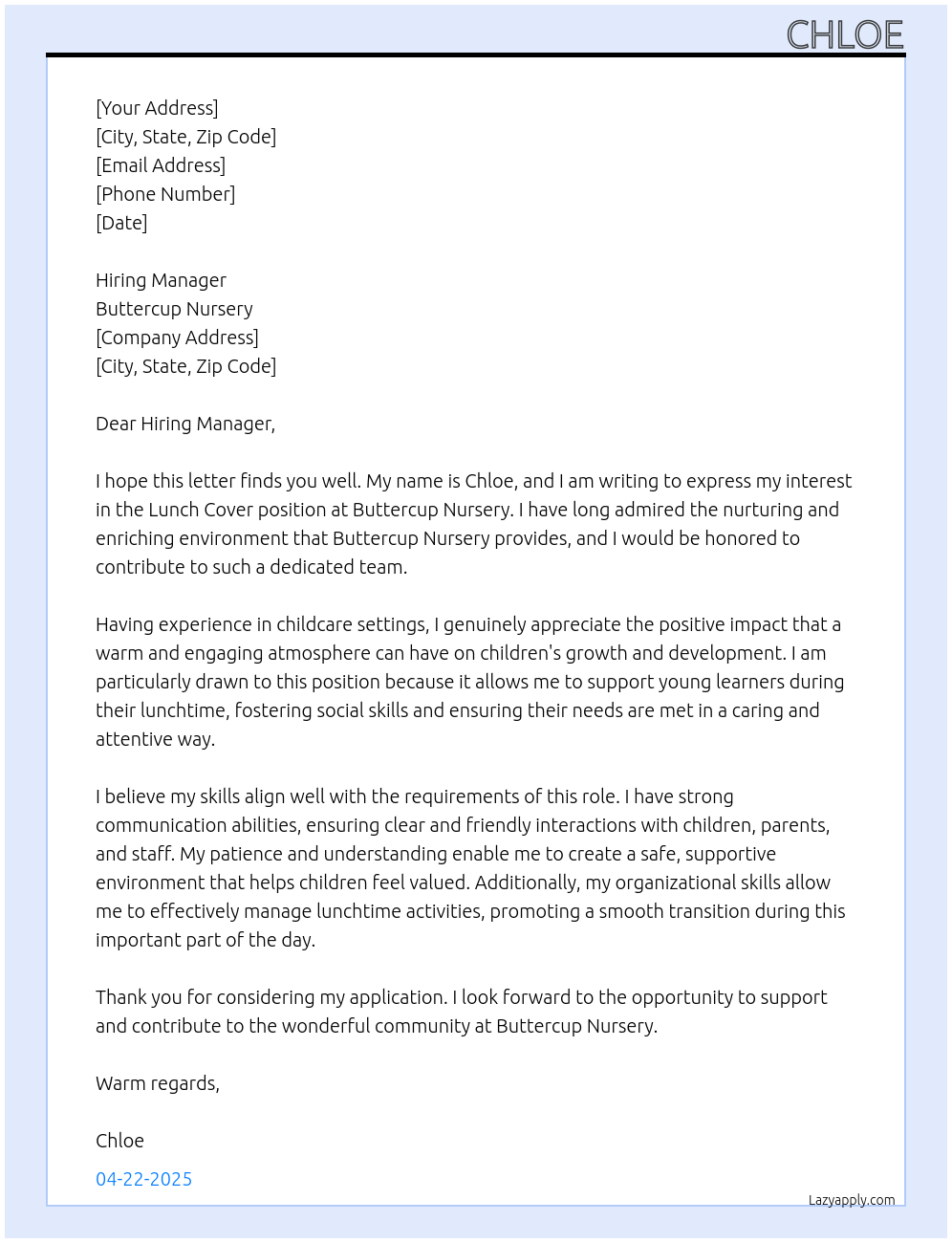 Cover letter for lunch cover - LazyApply