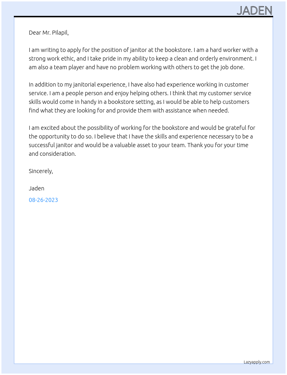 Cover letter for janitor - LazyApply