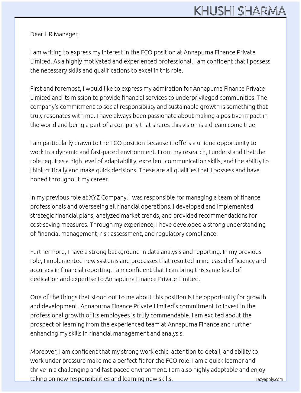Cover letter for fco - LazyApply