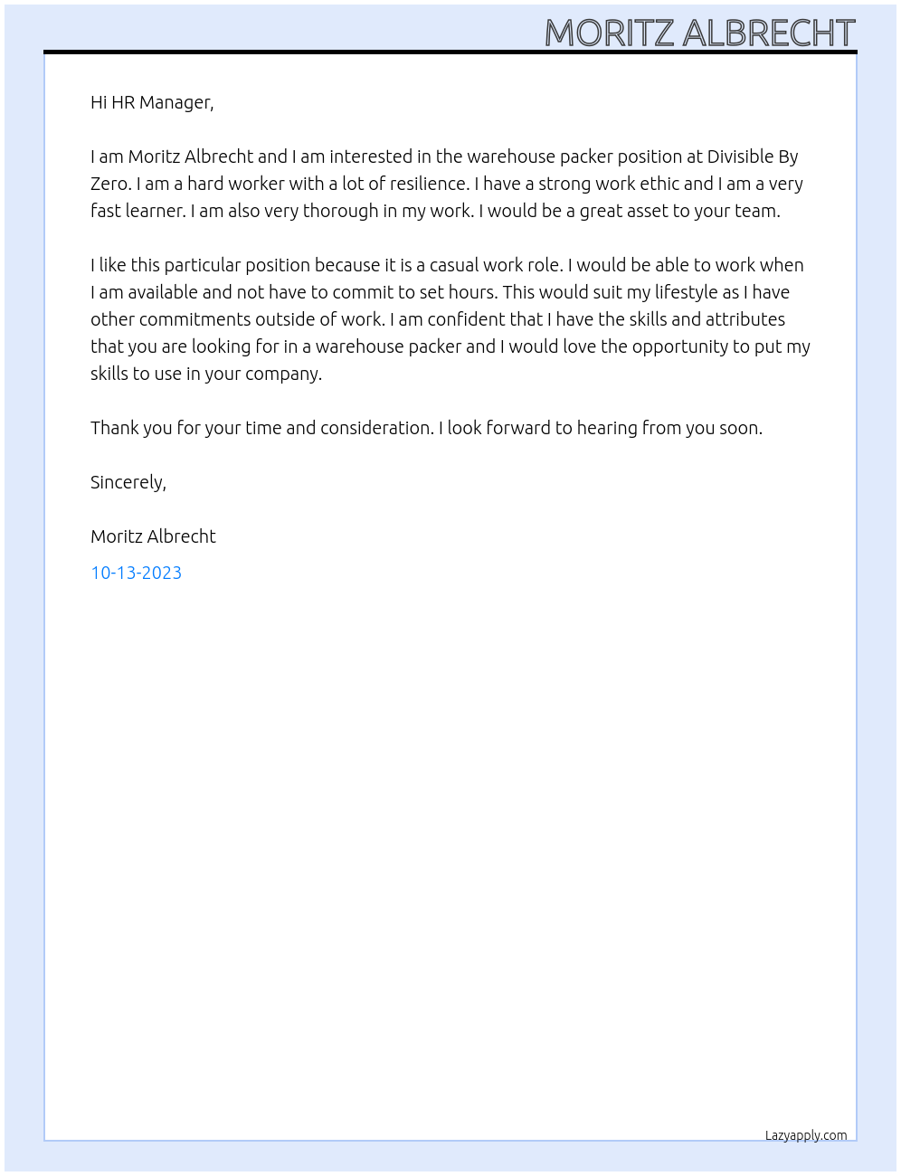 Cover letter for warehouse packer - LazyApply