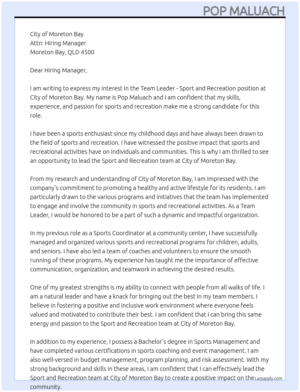 Cover letter for team leader - sport and recreation - LazyApply