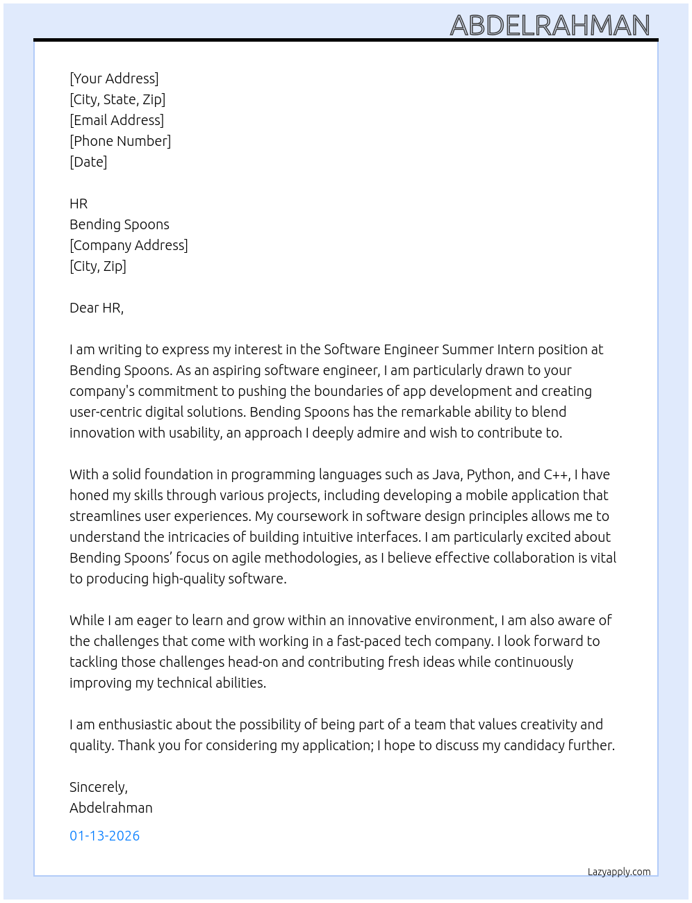 Cover letter for software engineer, summer intern france - LazyApply