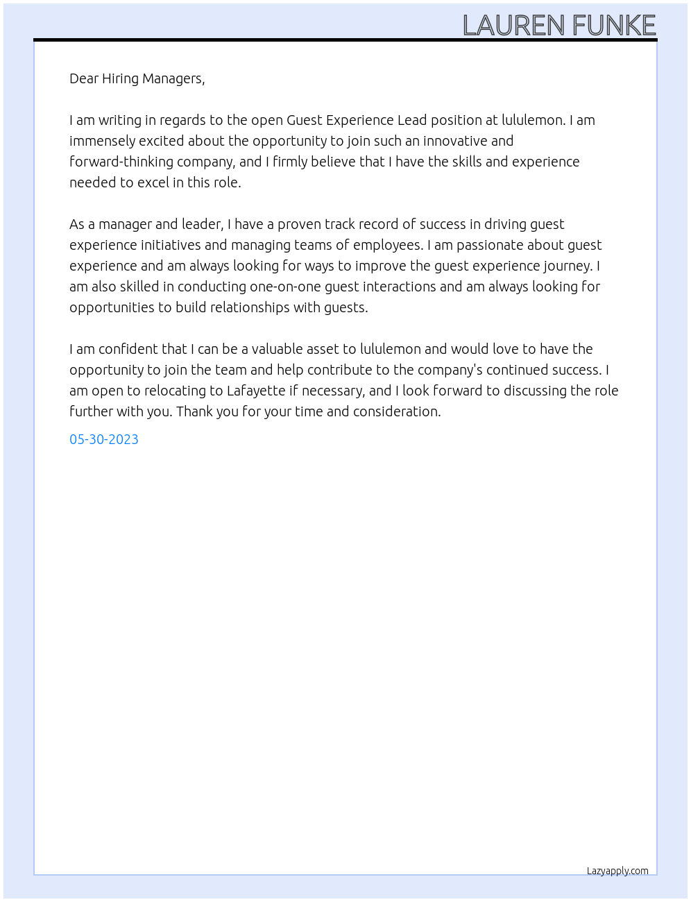 Cover letter for guest experience lead - LazyApply