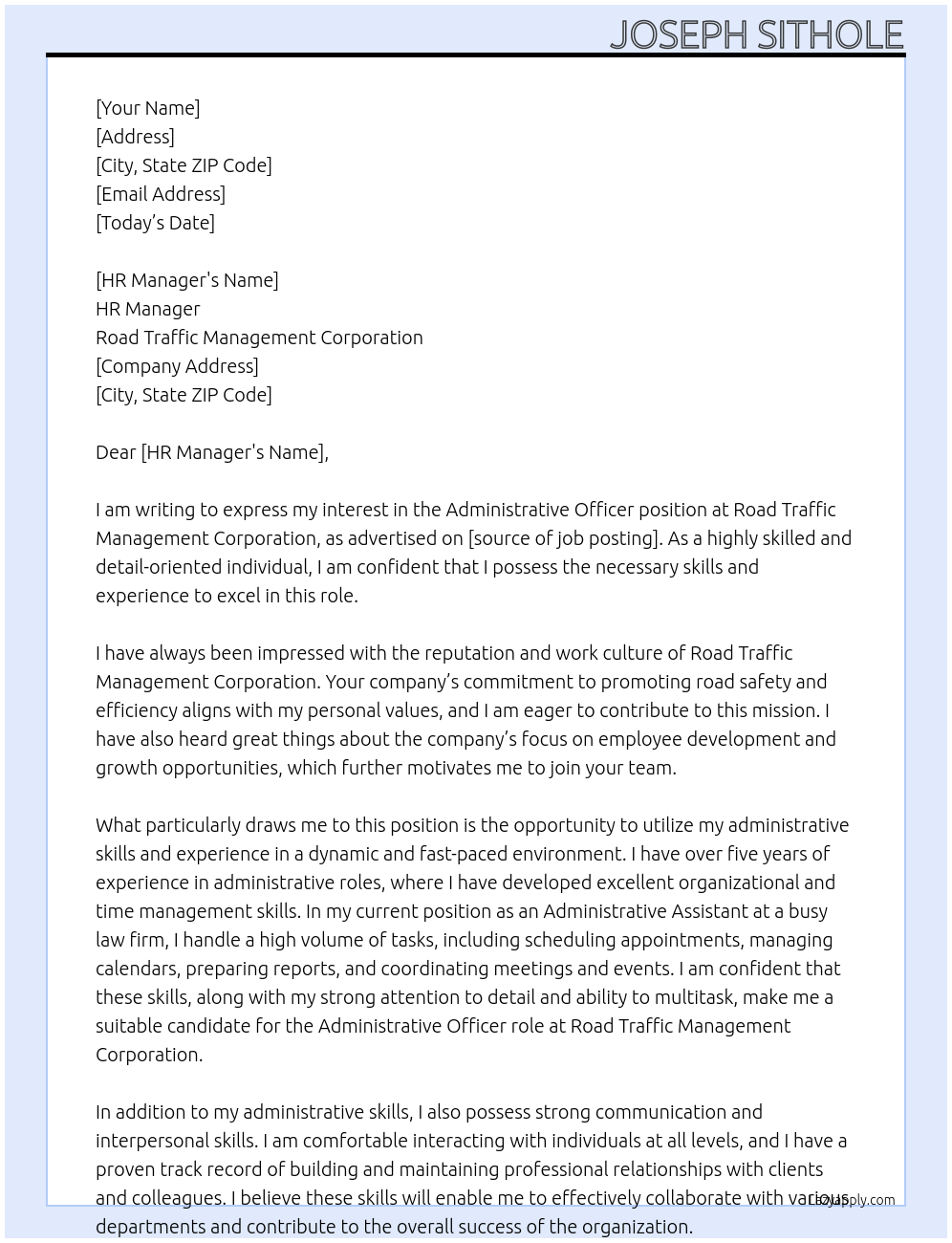 Cover letter for administrativeofficer - LazyApply