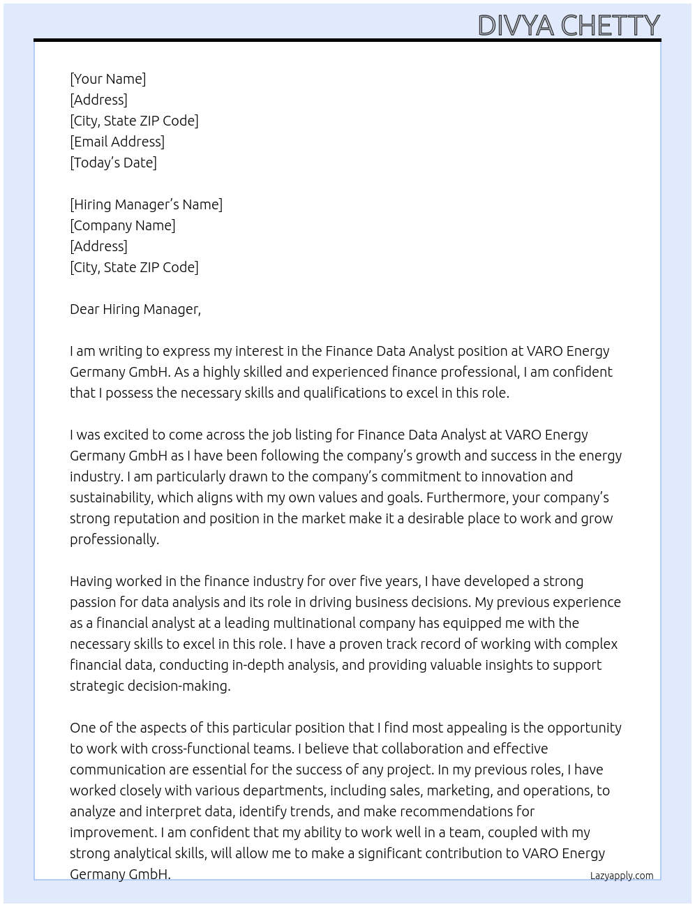 Cover letter for finance data analyst - LazyApply