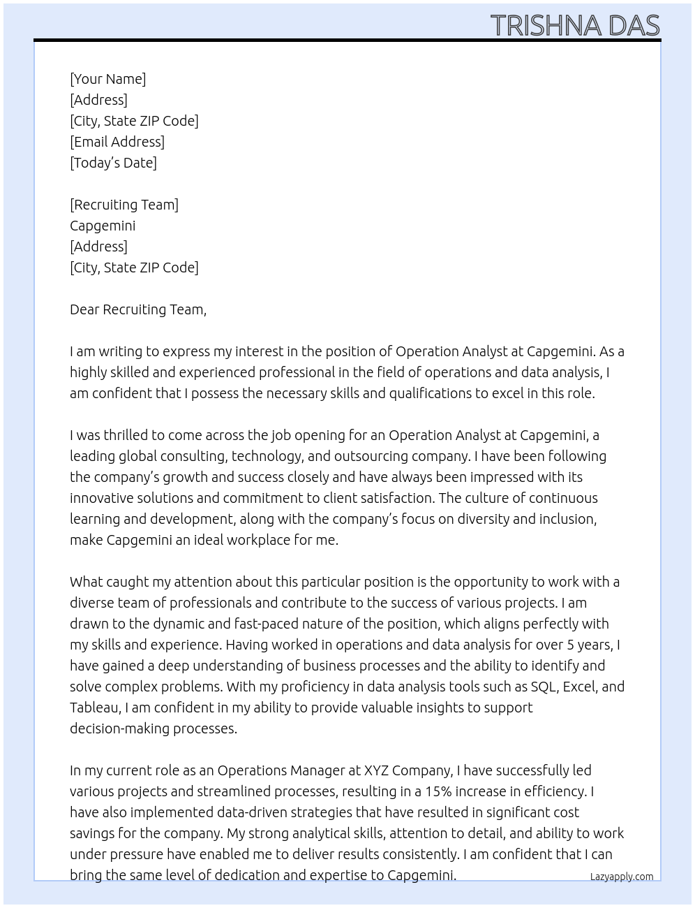Cover letter for operation analyst - LazyApply