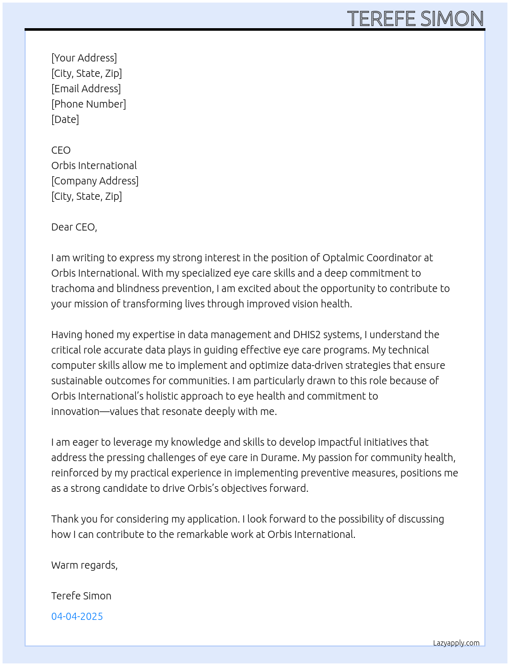 Cover letter for optalimic coordinator - LazyApply
