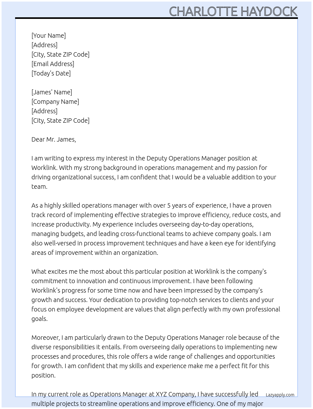 Cover letter for deputy operations manager - LazyApply