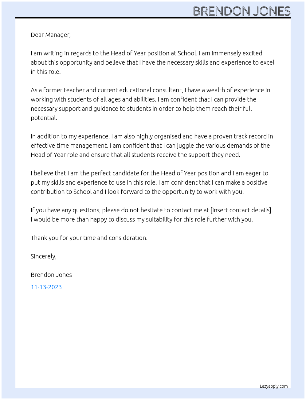 Cover letter for head of year - LazyApply