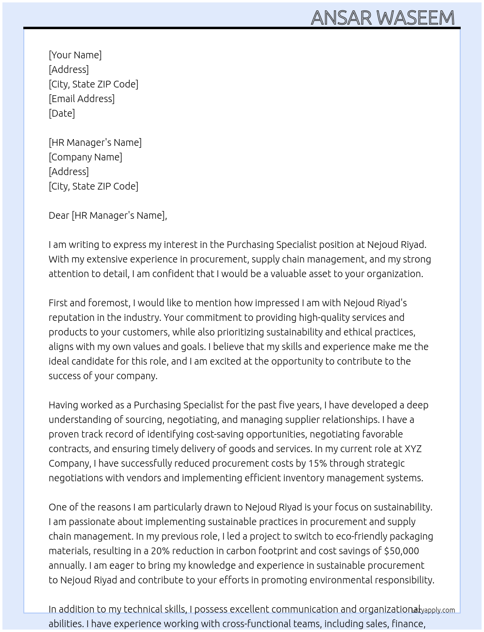 Cover letter for purchasing specialist - LazyApply