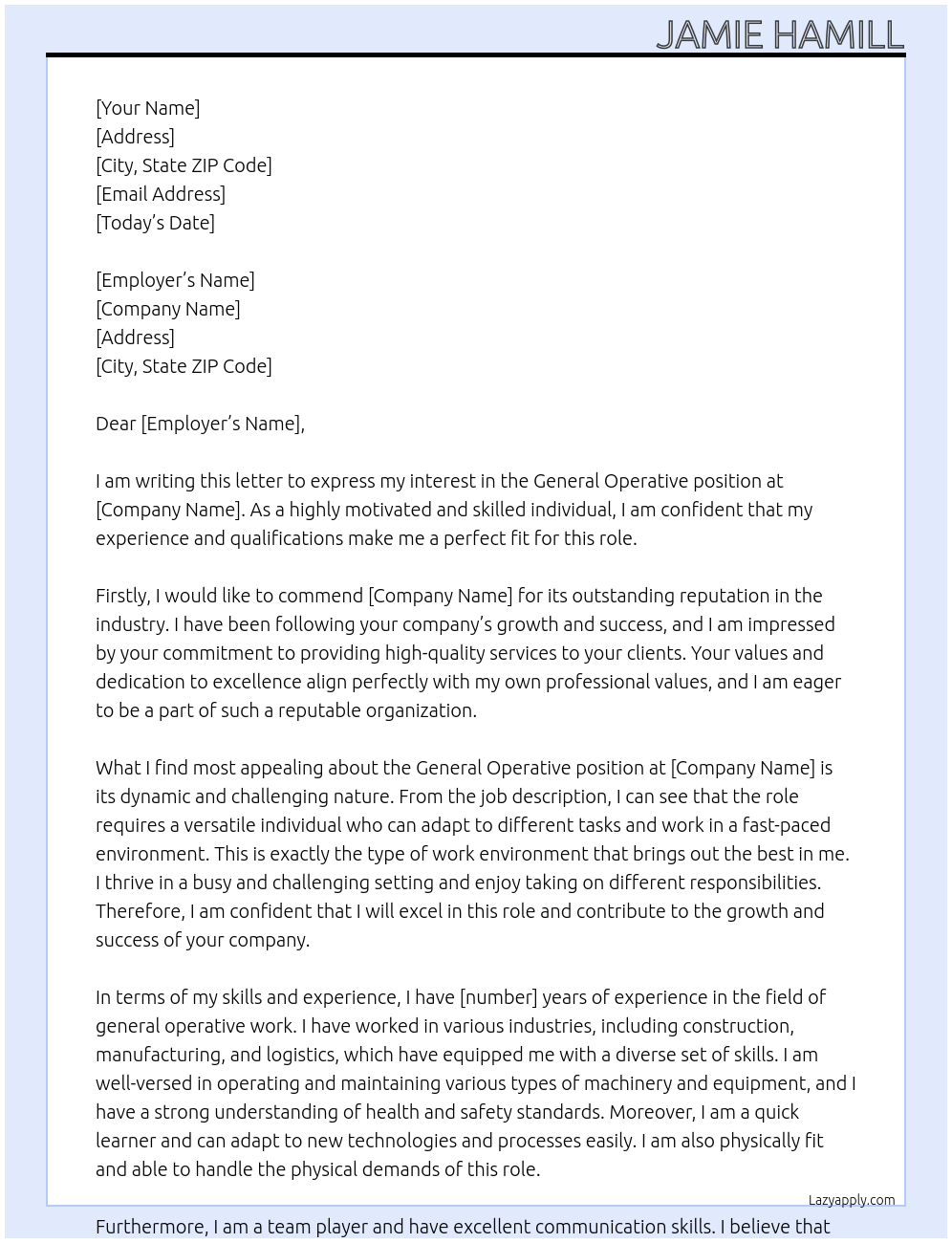 Cover letter for general operative - LazyApply