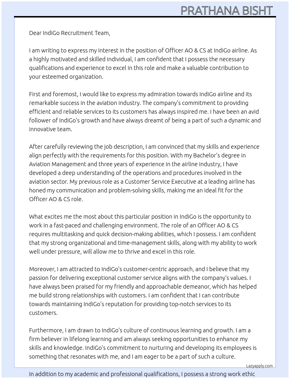 Cover letter for application for the position of officer ao & cs ...