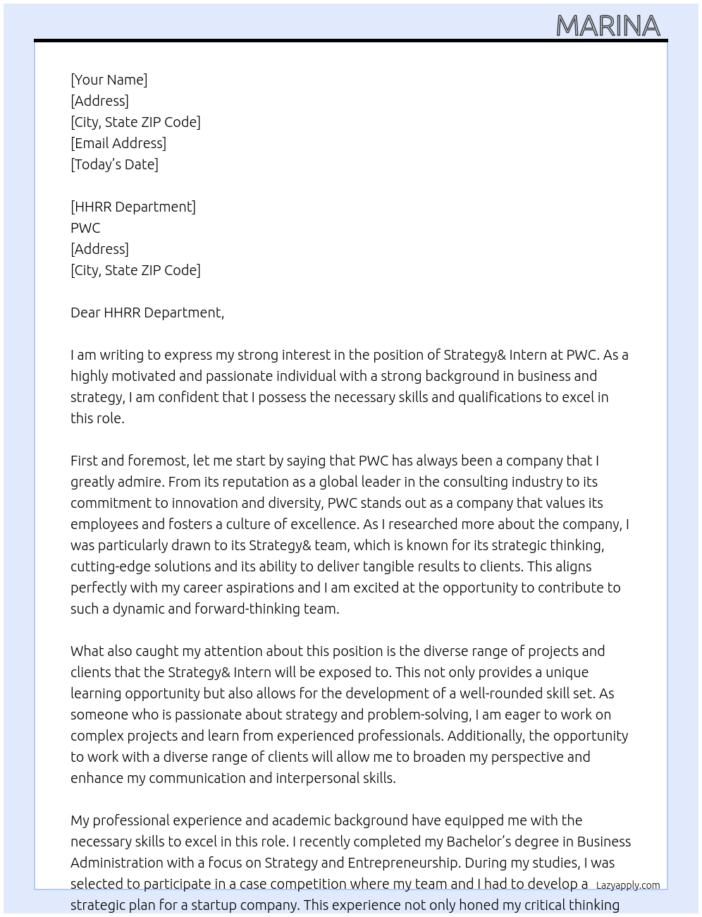 Cover letter for strategy intern - LazyApply