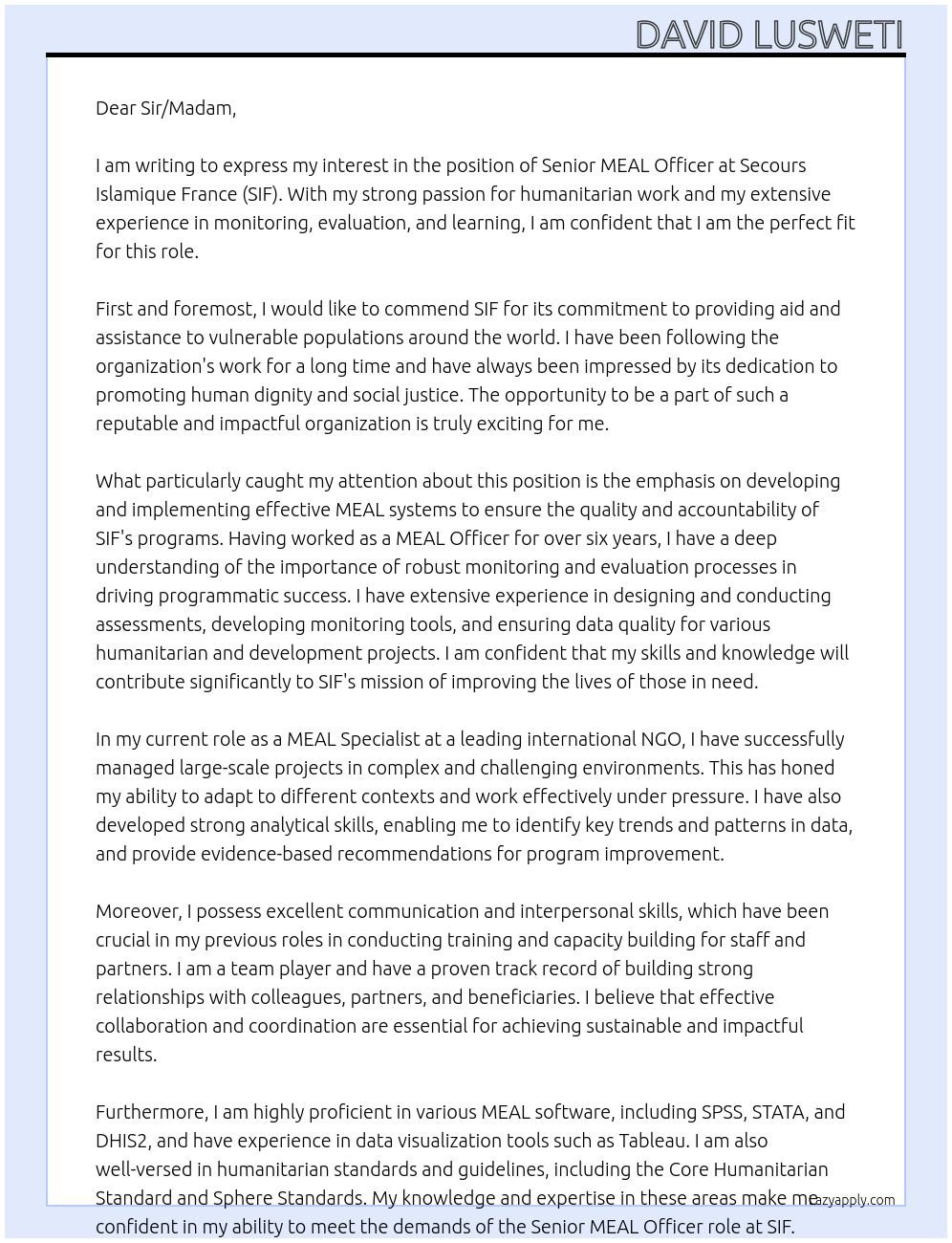 Cover letter for senior meal officer - LazyApply
