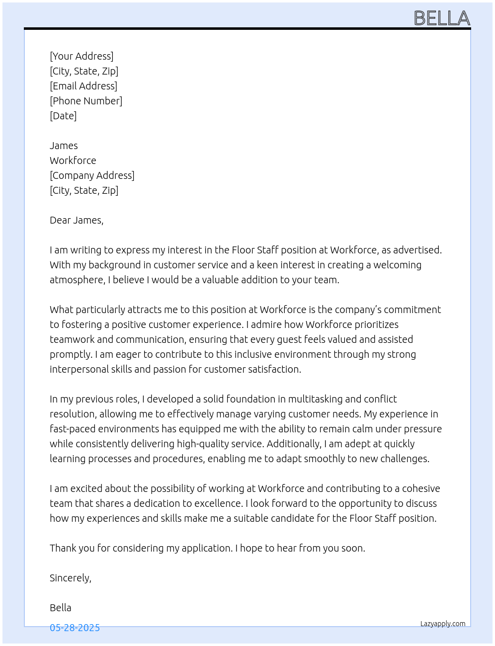 Cover letter for floor staff - LazyApply