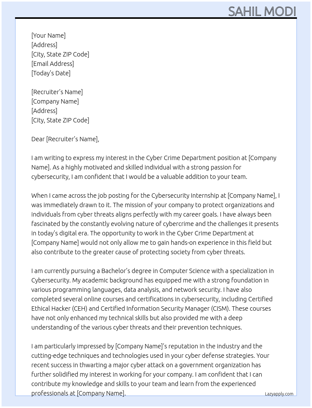 Cover letter for cyber crime department - LazyApply