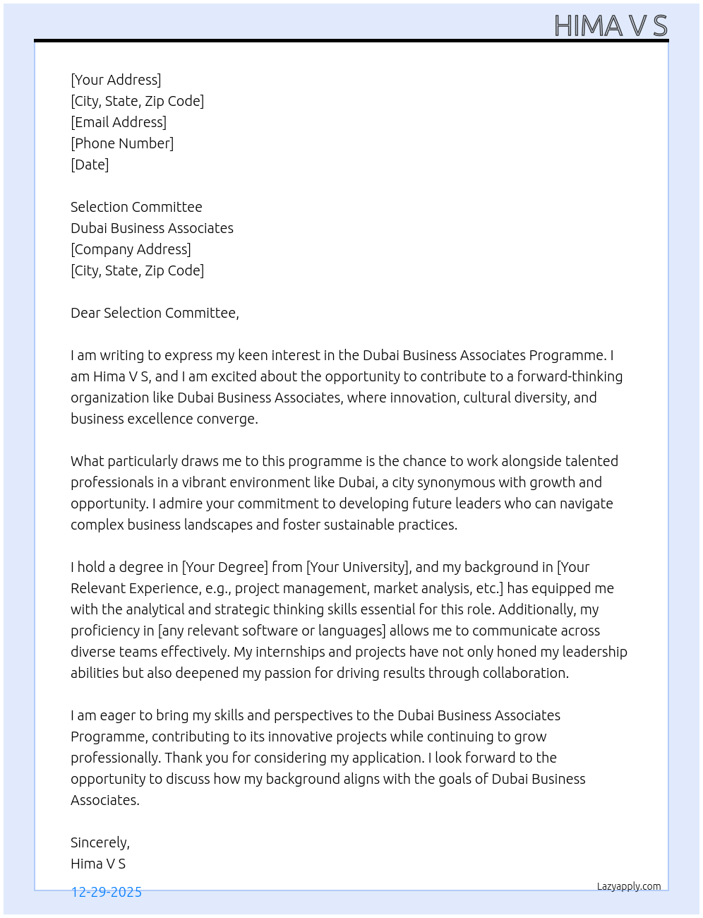 Cover letter for dubai business associates programme - LazyApply
