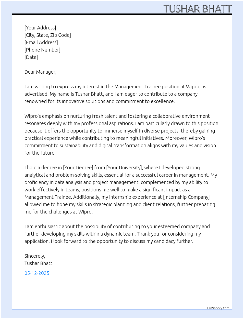 Cover letter for management trainee freshers - LazyApply