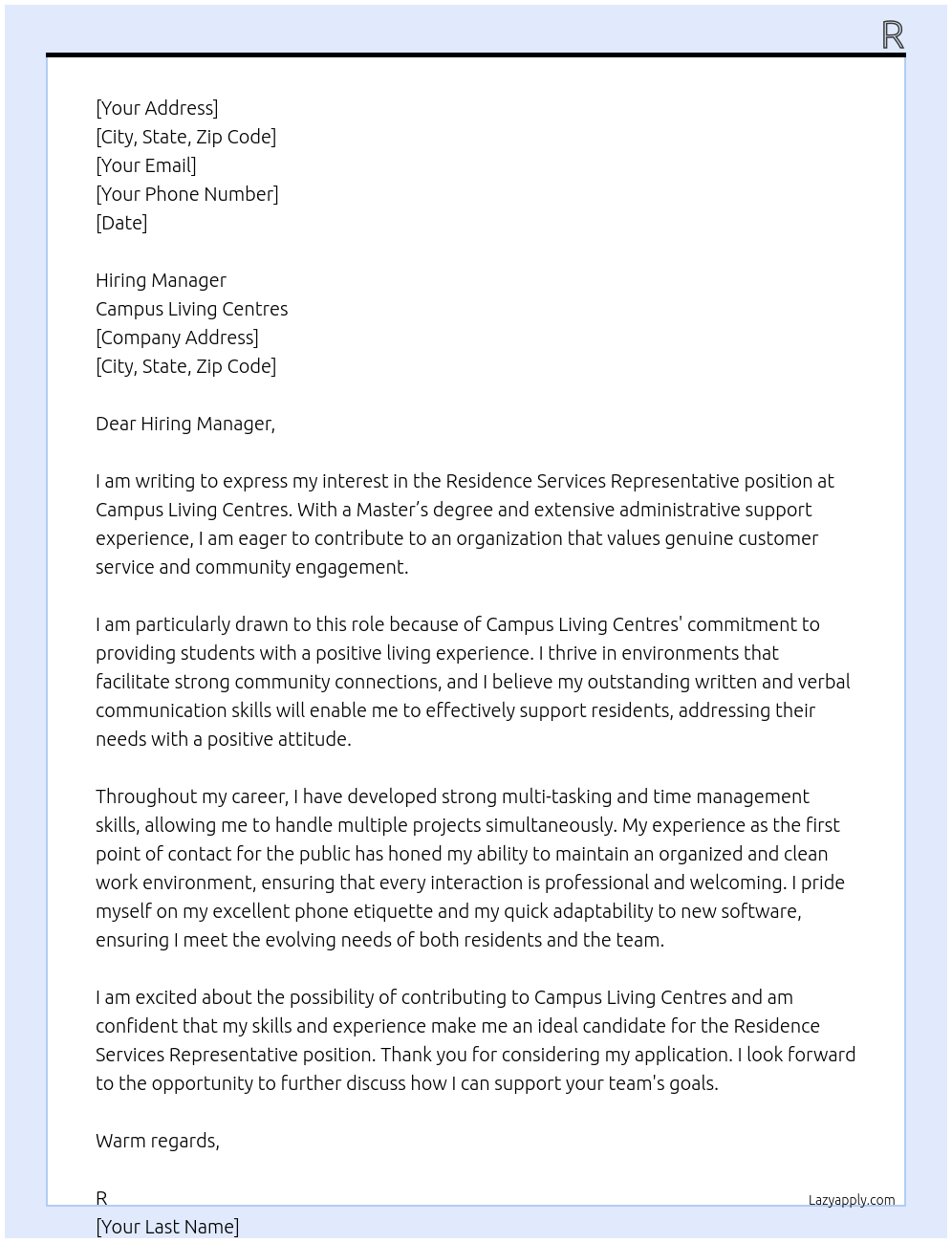 Cover letter for residence services representative - LazyApply