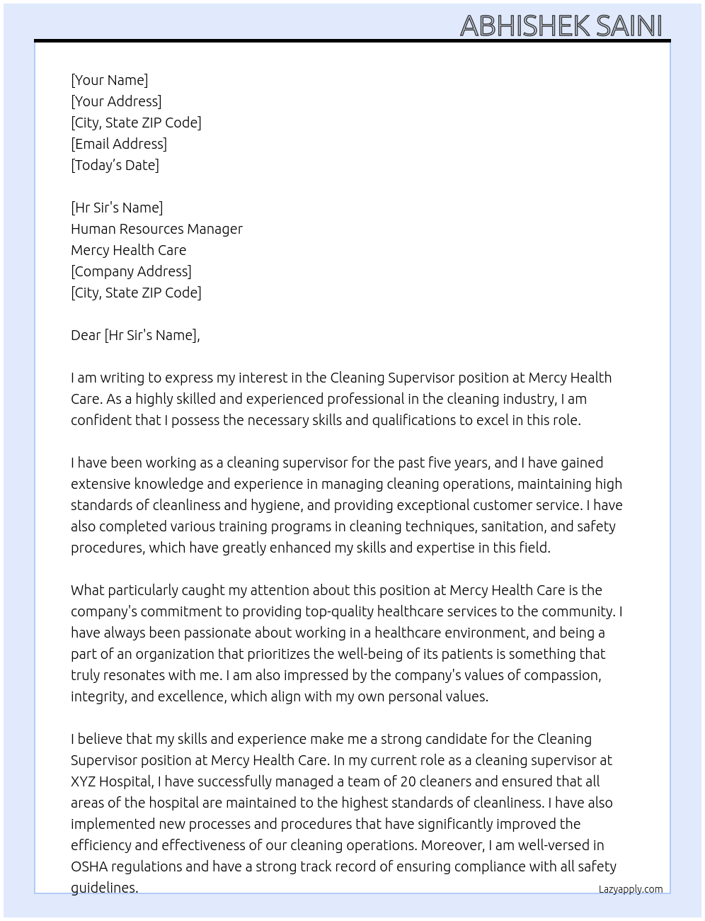 Cover letter for cleaning supervisor - LazyApply