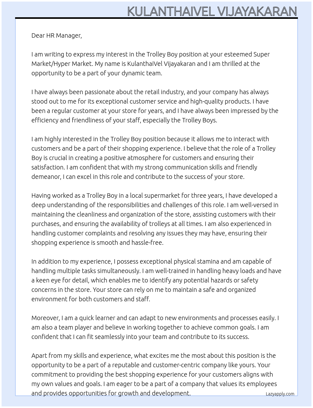 Cover letter for trolley boy - LazyApply