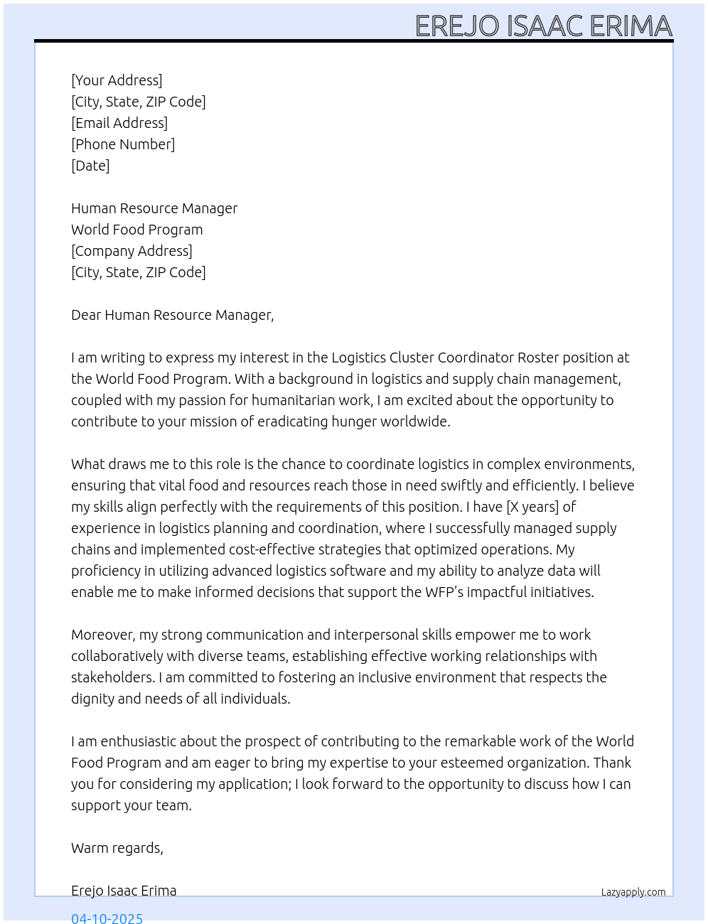 Cover letter for logistics cluster coordinator roster - LazyApply