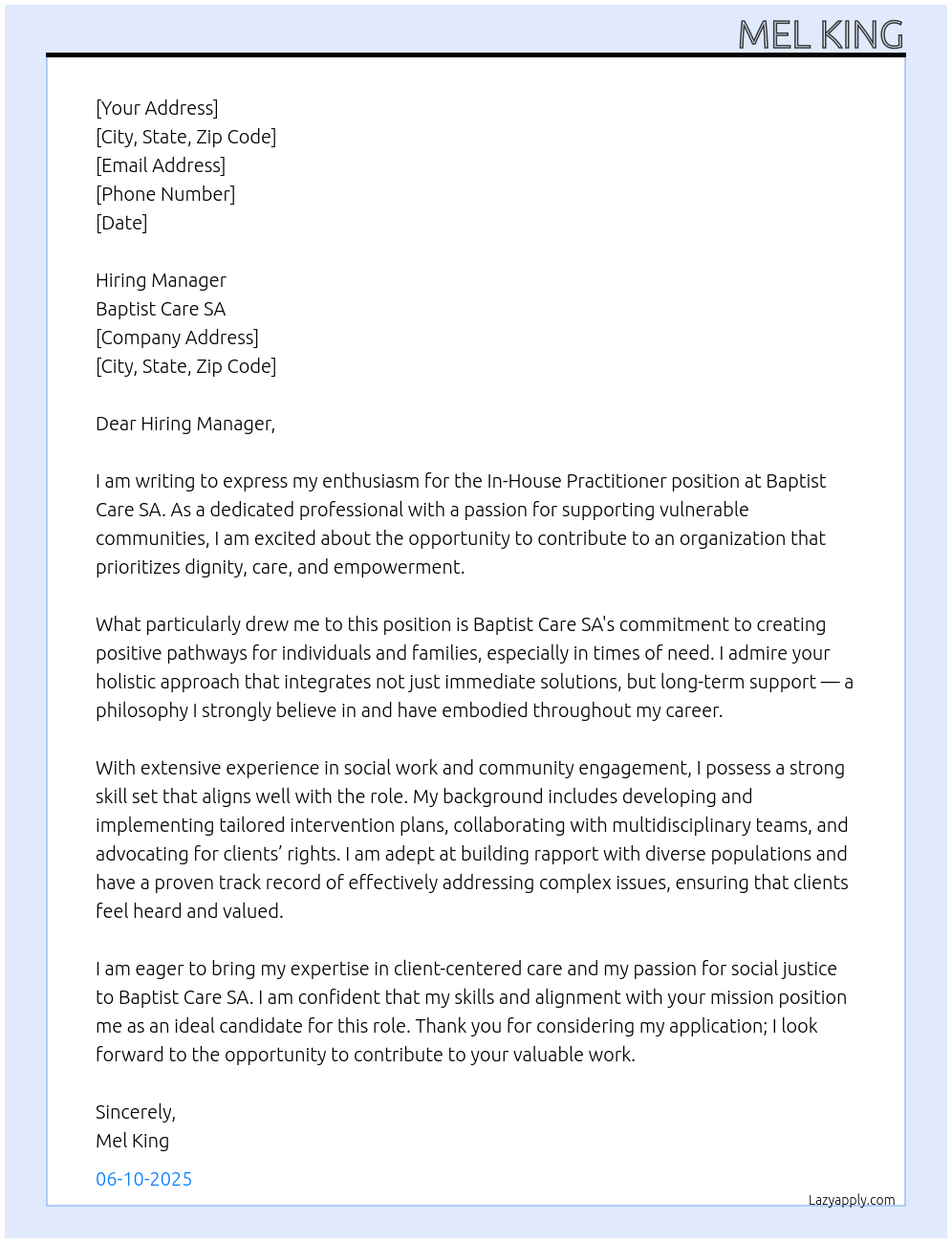 Cover letter for in house practitioner - LazyApply