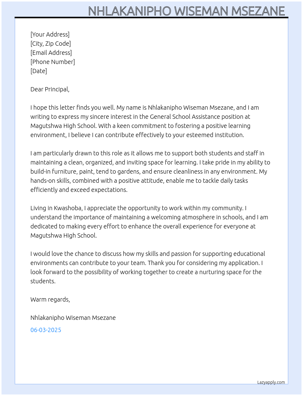 Cover letter for general school assistance - LazyApply