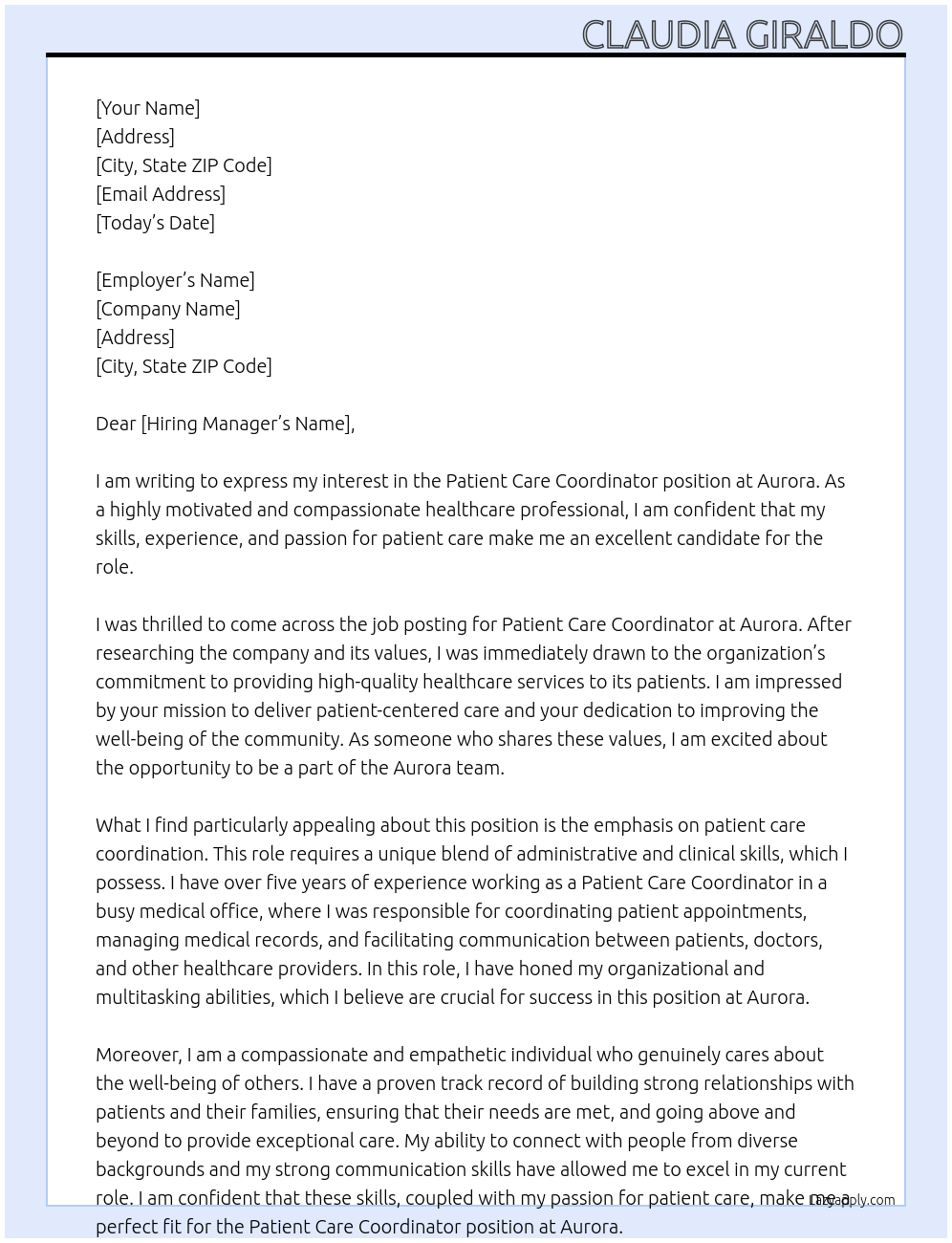 Cover letter for patient care coordinator - LazyApply
