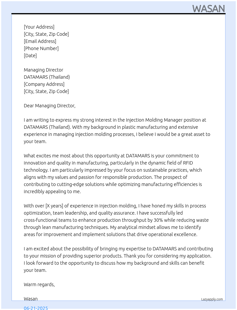 Cover letter for injection molding manager - LazyApply