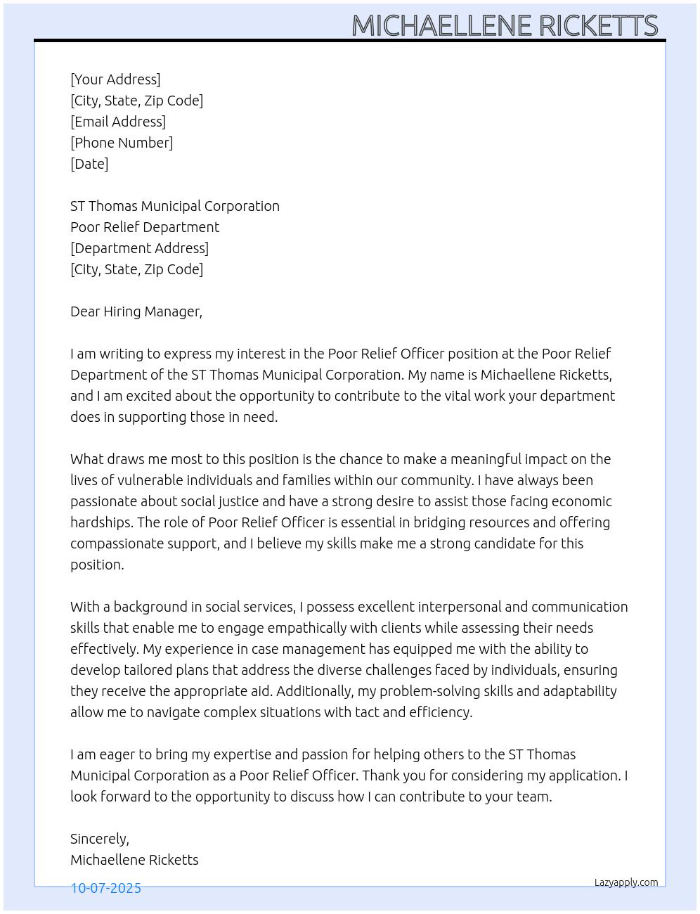 Cover letter for poor relief officer - LazyApply