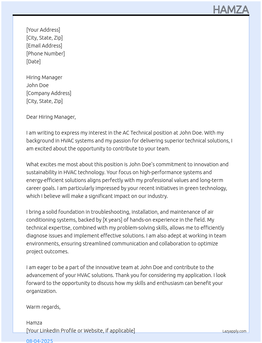 Cover letter for ac technical - LazyApply