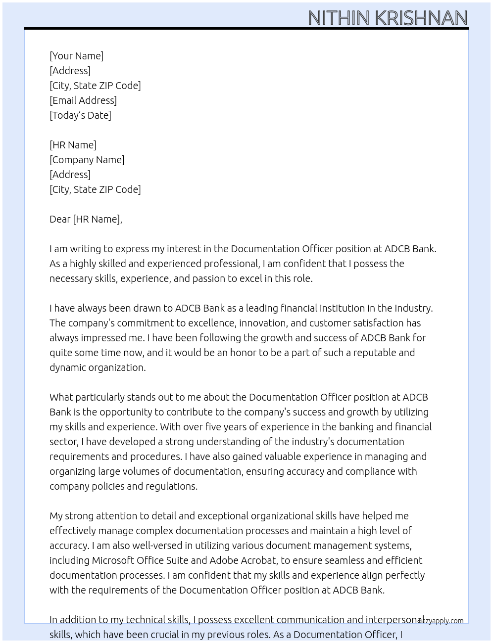 Cover letter for documentation officer - LazyApply
