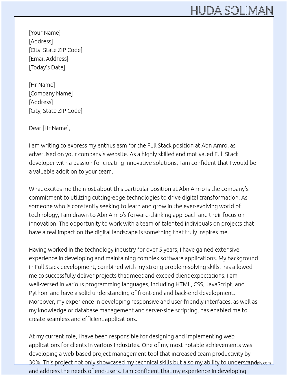 Cover letter for full stack - LazyApply