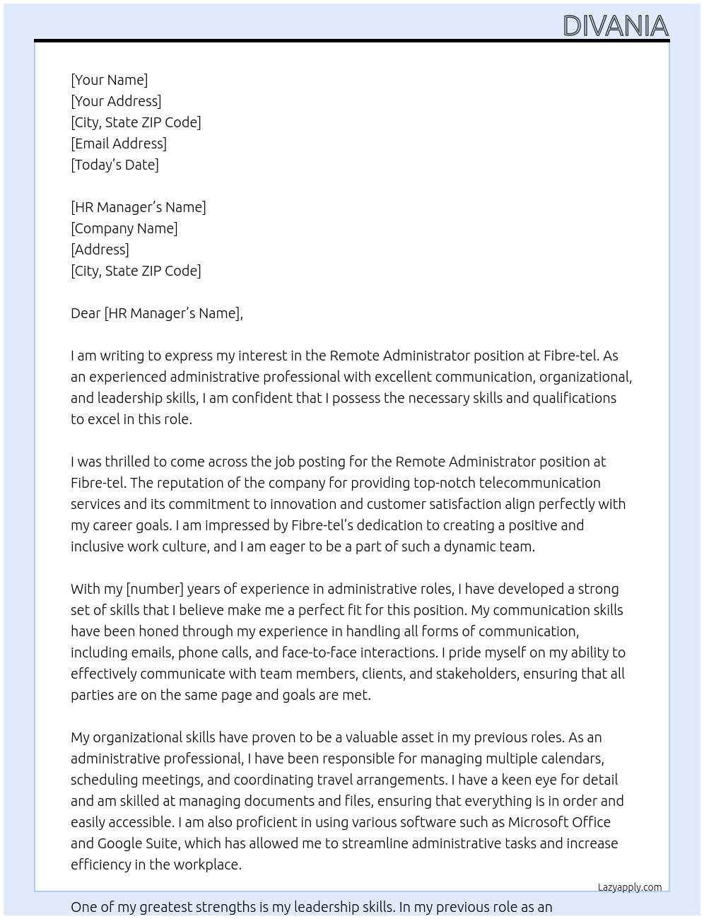Cover letter for remote adminstrator - LazyApply